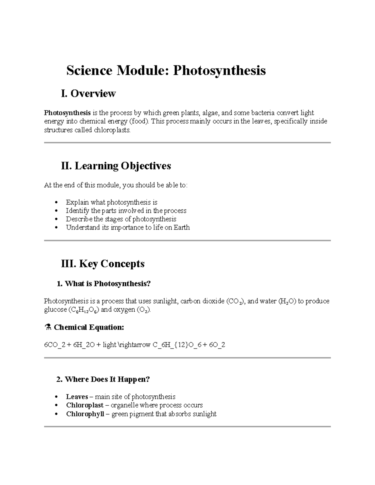 Science Module: Photosynthesis I Overview and Key Concepts - Studocu