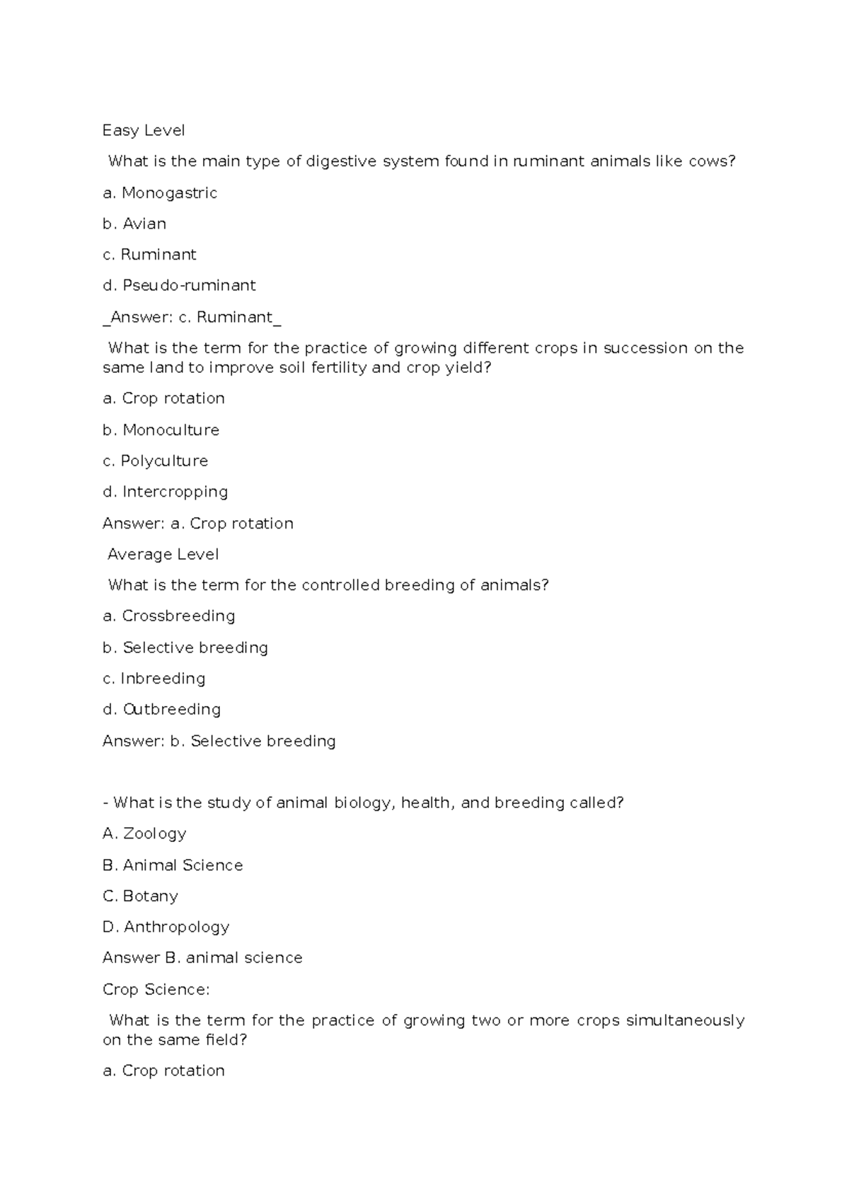Quiz Bee Questions - Easy to Hard Levels on Animal & Crop Science - Studocu