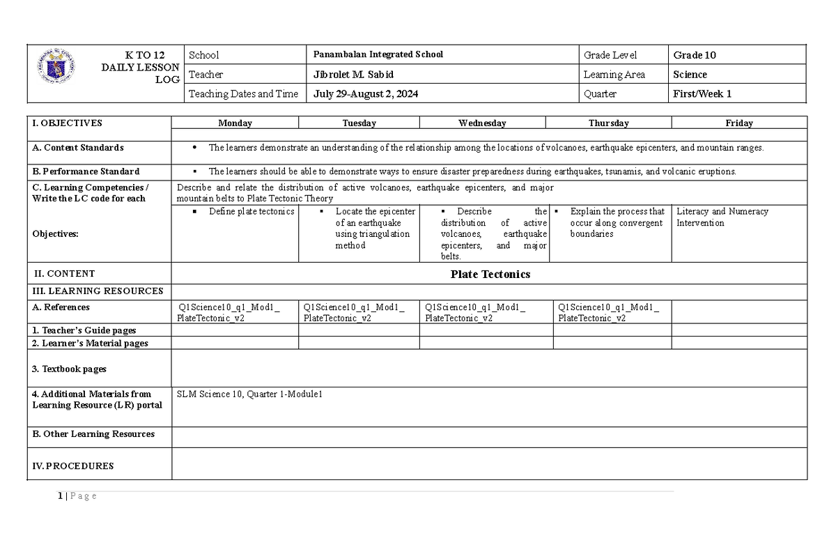 Science 10 DLL-Q1-Wk1 - Plate Tectonics - K TO 12 DAILY LESSON LOG ...