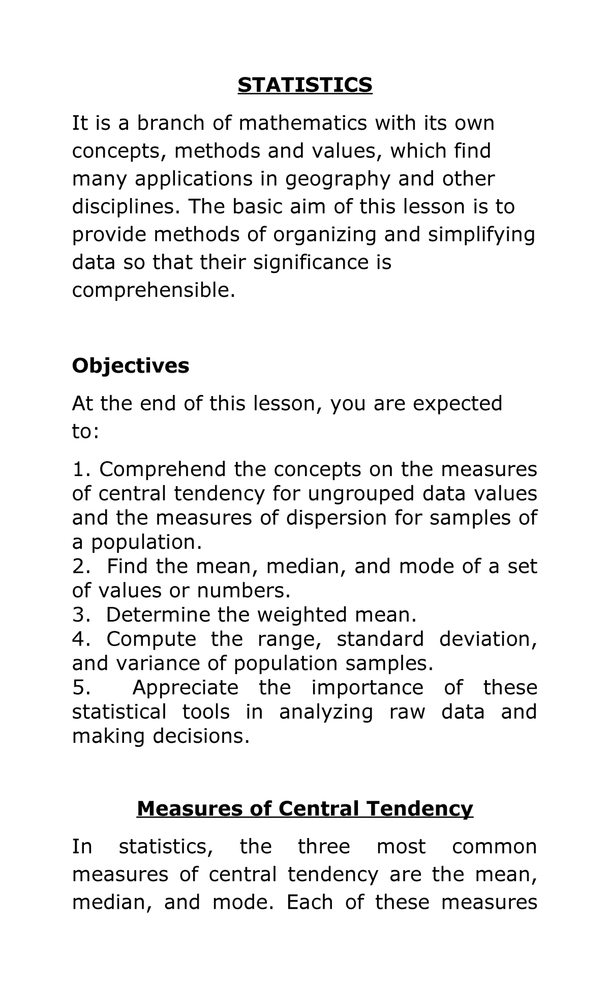 STATISTICS 1: Measures of Central Tendency & Dispersion - Studocu