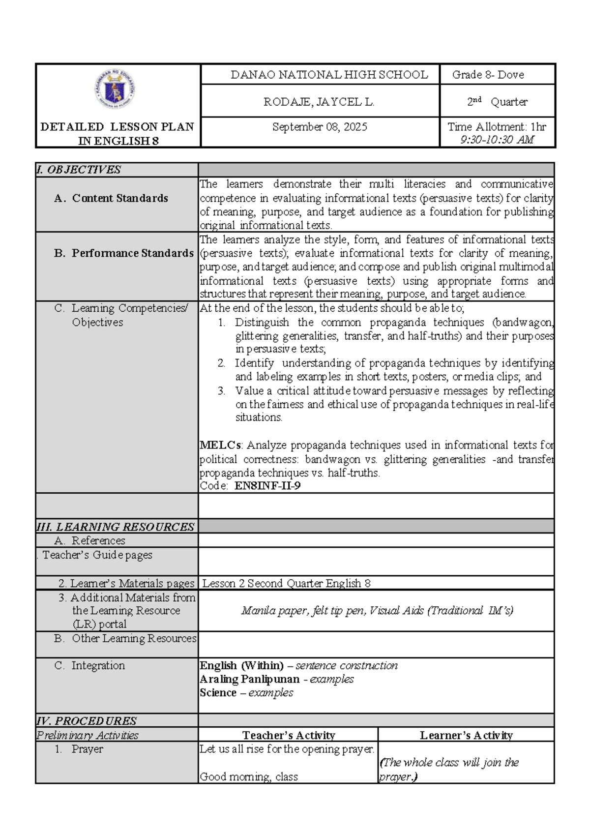 Detailed Lesson Plan: Propaganda Techniques in English 8 (2nd Quarter) - Studocu