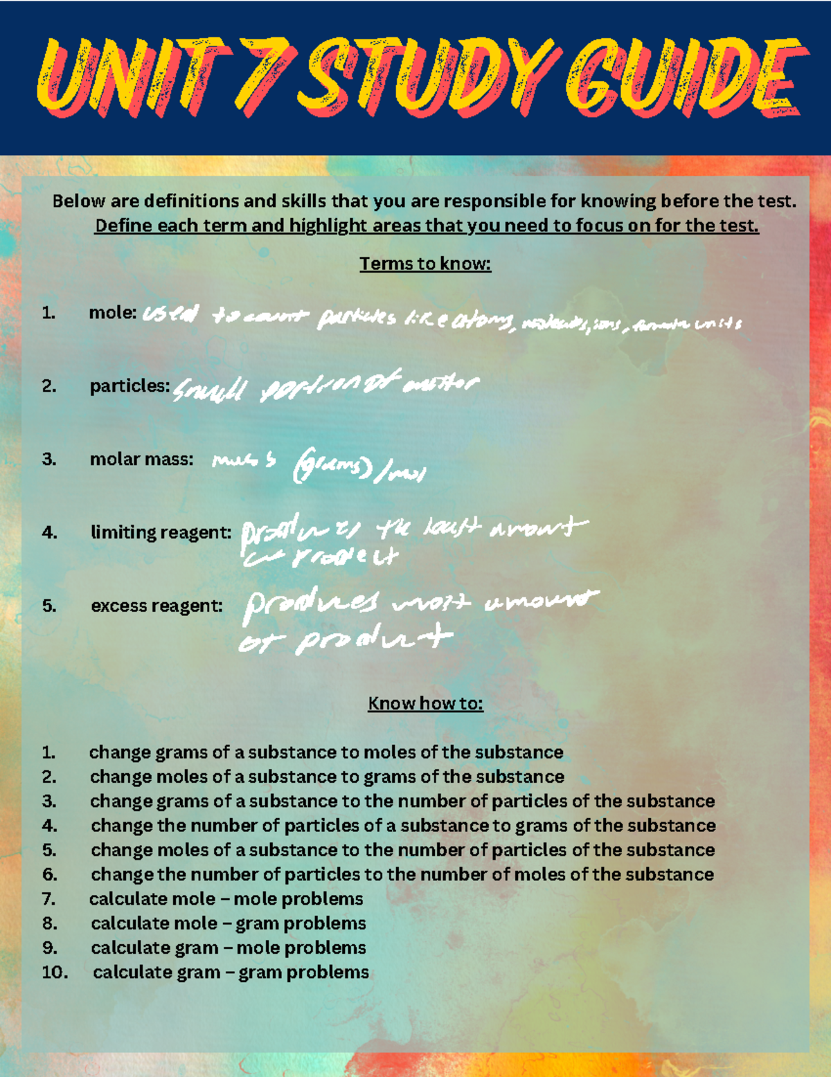 Chemistry Unit 7 Study Guide: Moles, Mass, and Reactions Concepts - Studocu
