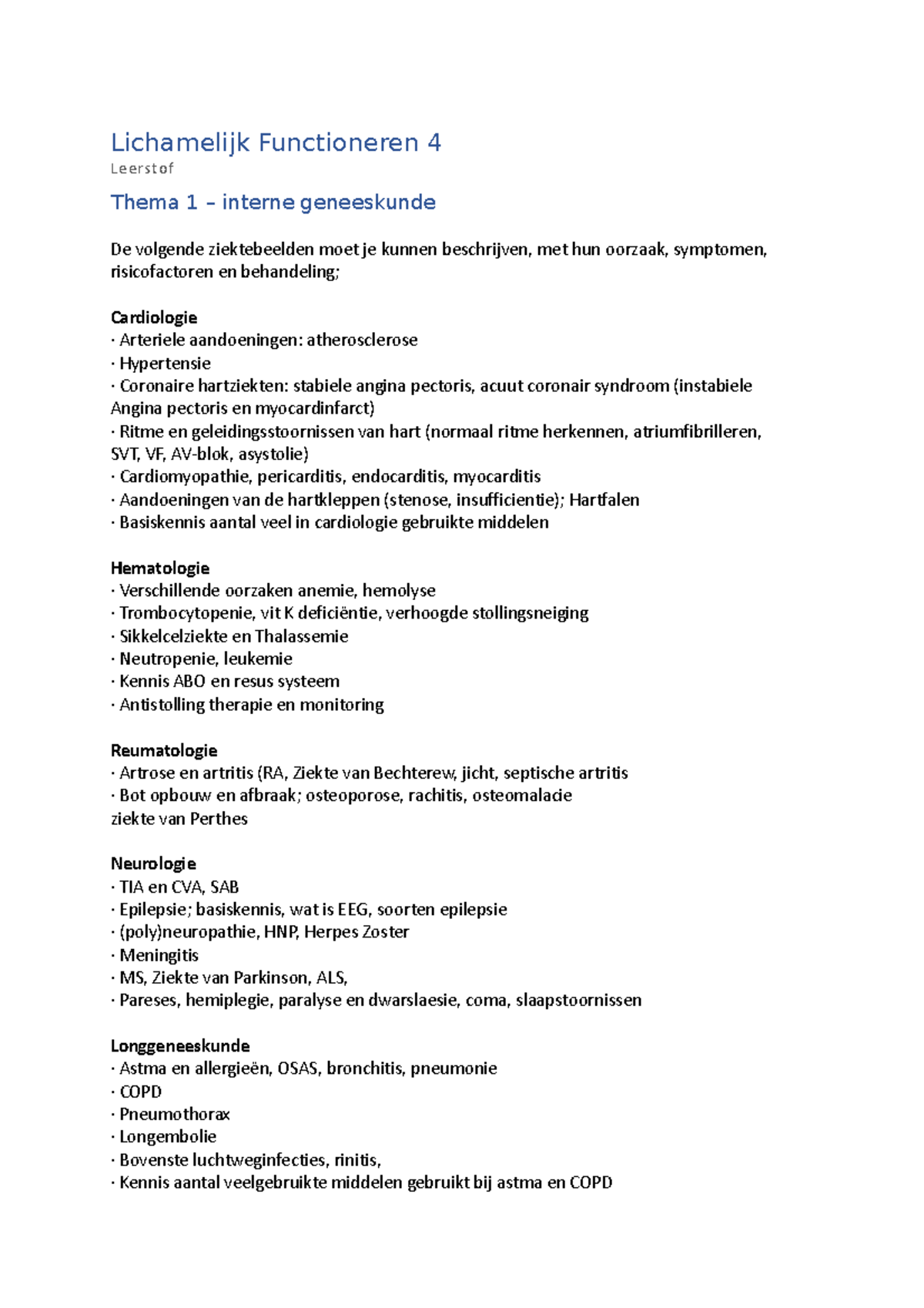 LF4 - Leerstof Interne Geneeskunde en Psychiatrie Overview - Studeersnel
