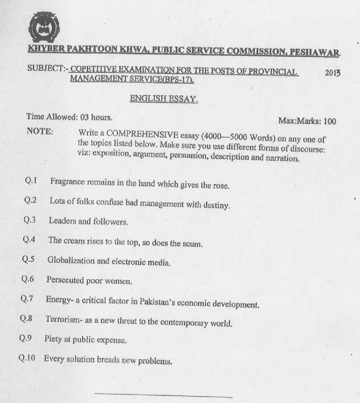 KHYBER PAKHTOON KHWA PSC 2013 English Essay - Final Exam Paper - Studocu