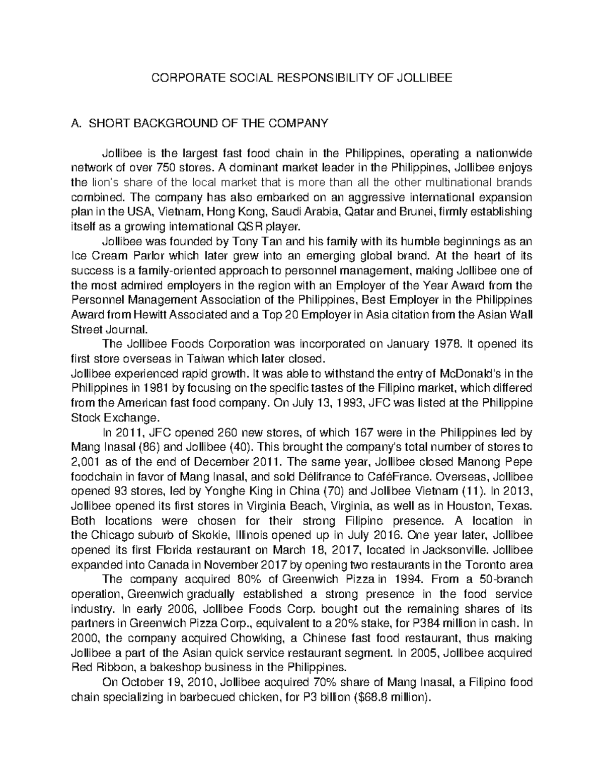 CSR Strategies and Impact of Jollibee Foods Corp (JFC) - Studocu