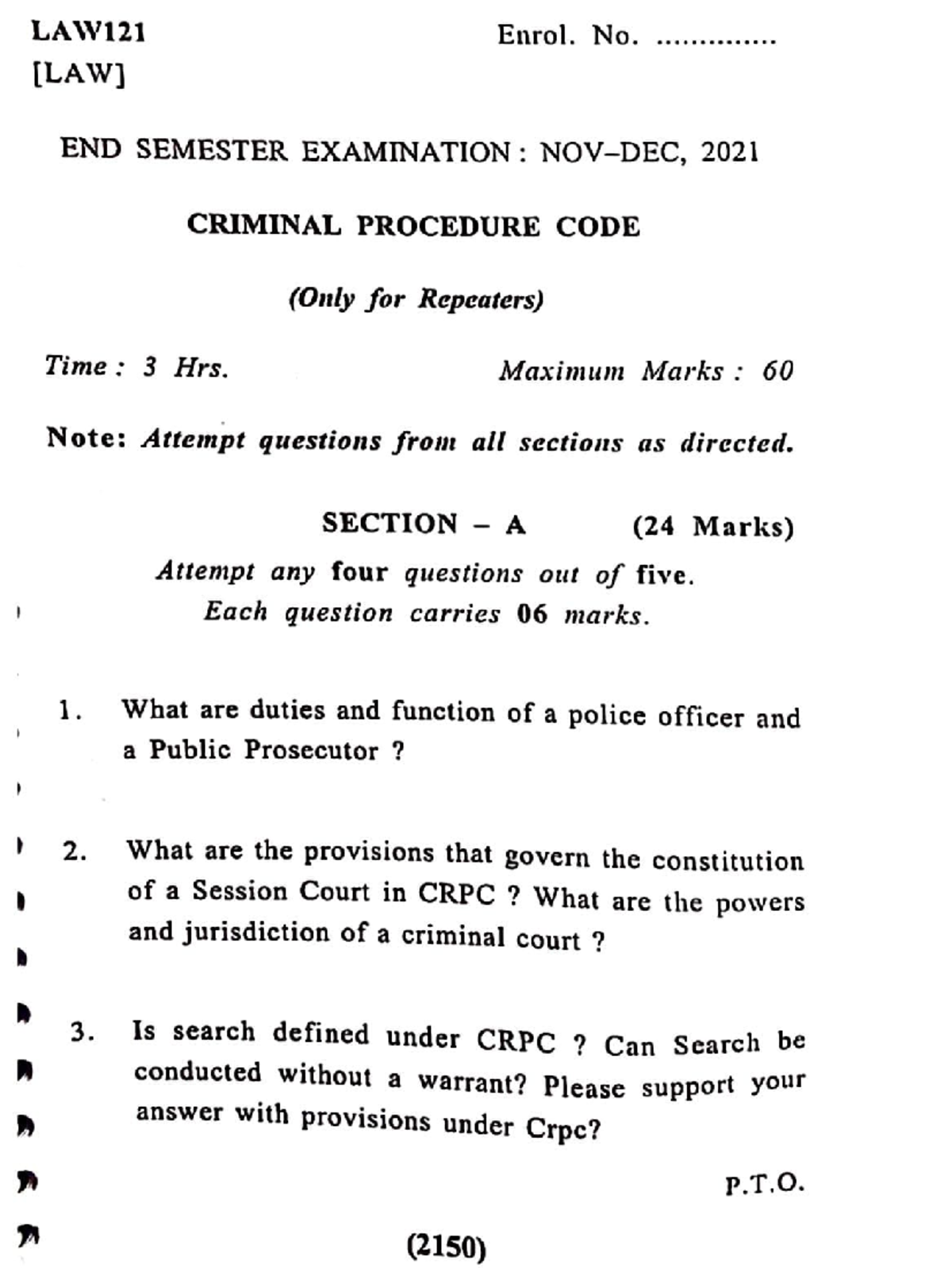 LAW121 Previous Year Questions: Criminal Procedure Code Exam Insights ...