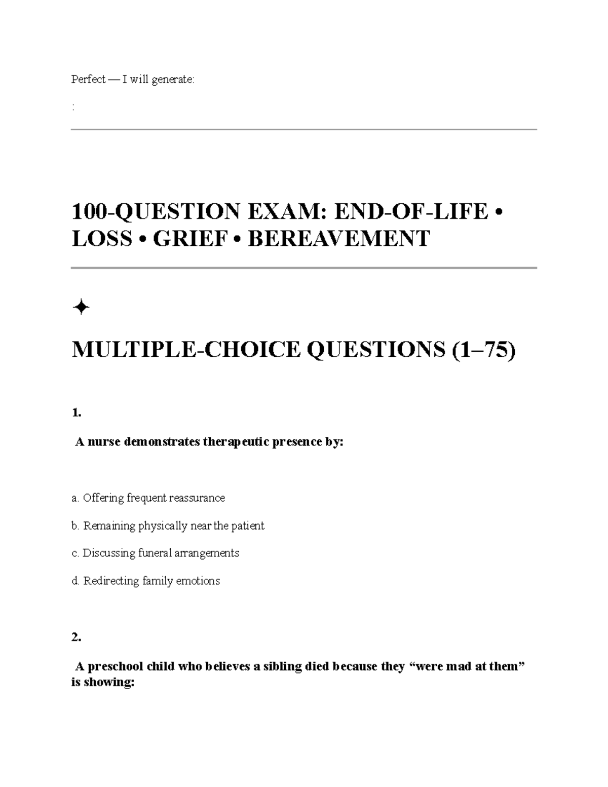 G&D II FINAL NCLEX QUIZ: LOSS, GRIEF & BEREAVEMENT QUESTIONS - Studocu