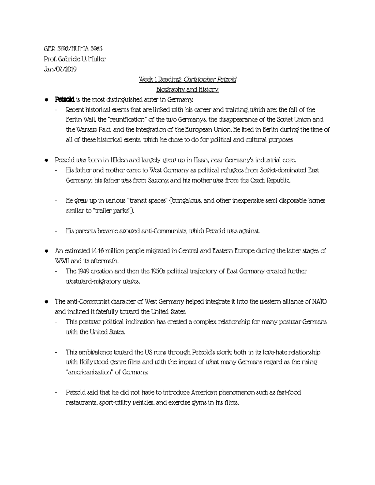 GER 3792 Week 1 Reading Notes - GER 3792/HUMA 3985 Prof. Gabriele U ...