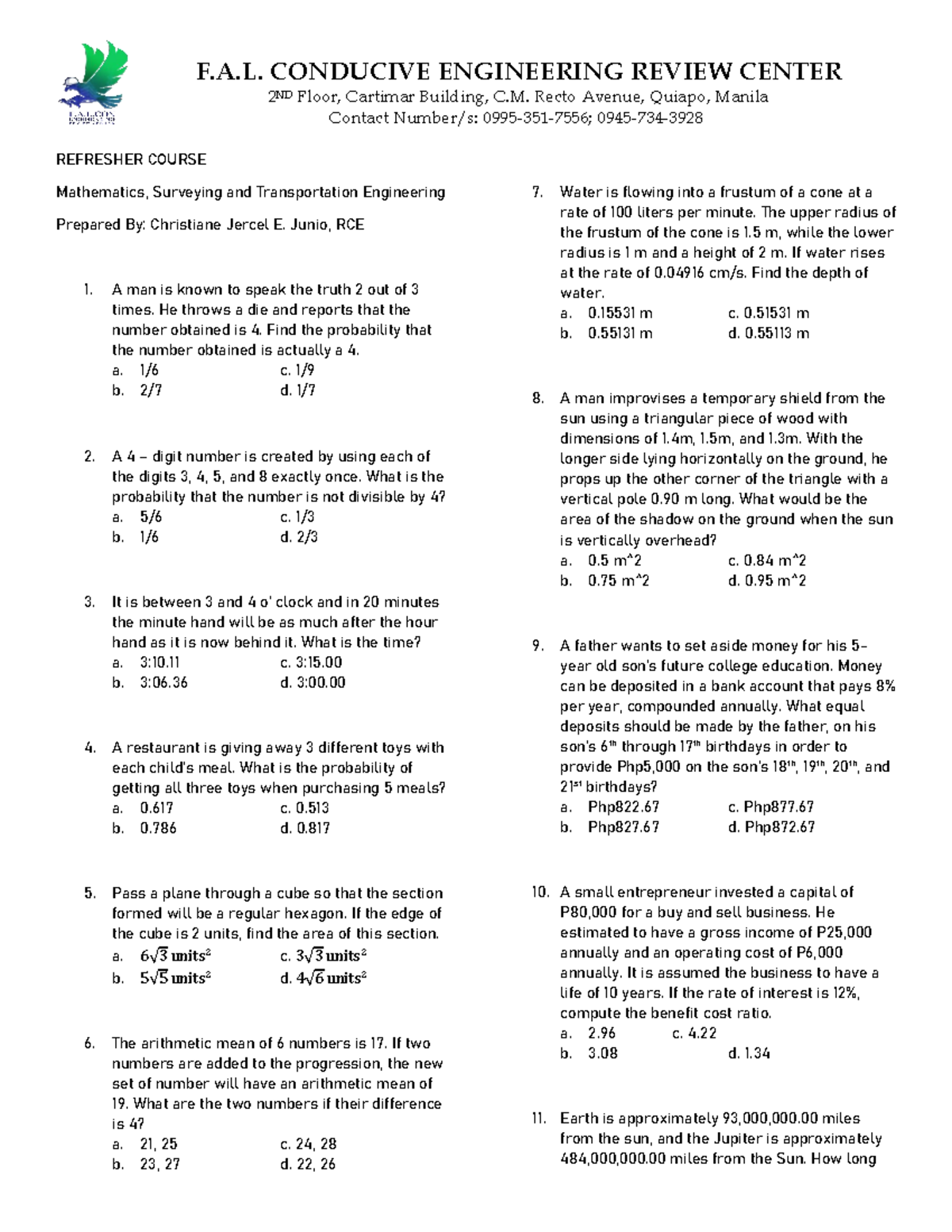 Refresher Course Pretest (OCT - F.A. CONDUCIVE ENGINEERING REVIEW ...
