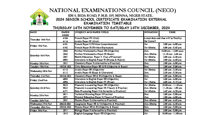 NECO 2024 Senior School Certificate Exam External Timetable - Studocu