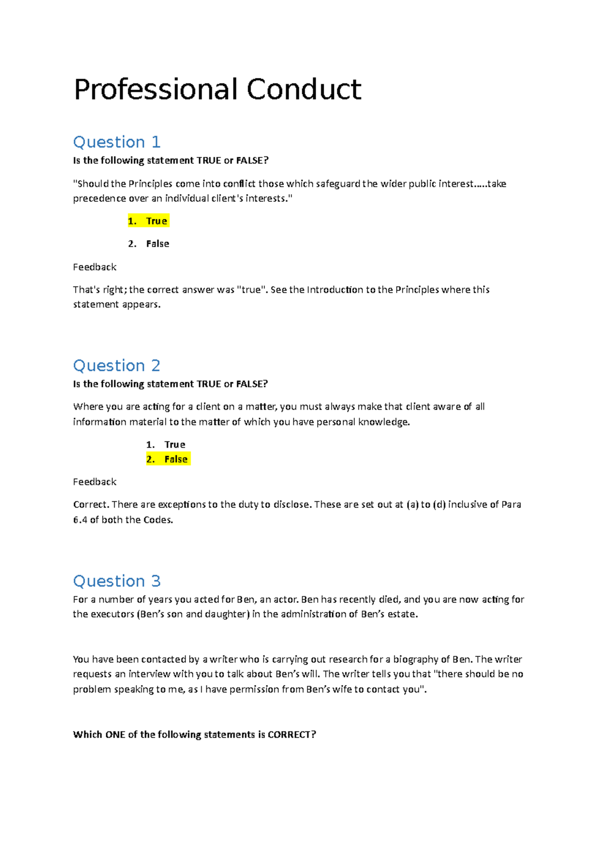 Professional Conduct Quiz: Questions & Answers for Exam Prep - Studocu