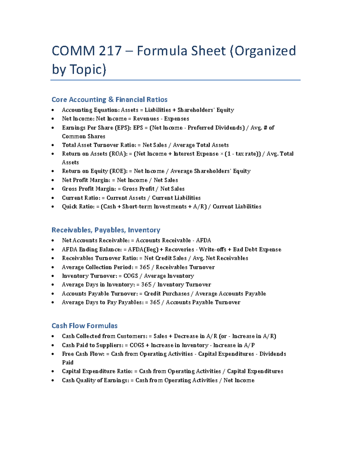 COMM 217 Final Formula Sheet: Core Accounting Ratios & Metrics - Studocu