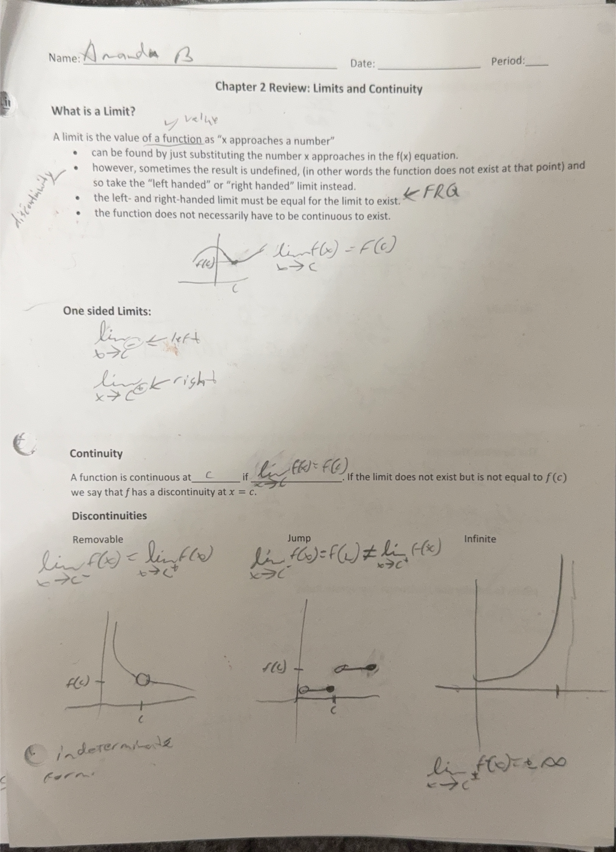 Chapter 2 Review Limits and Continuity - Name: Amanda B Date: Period ...