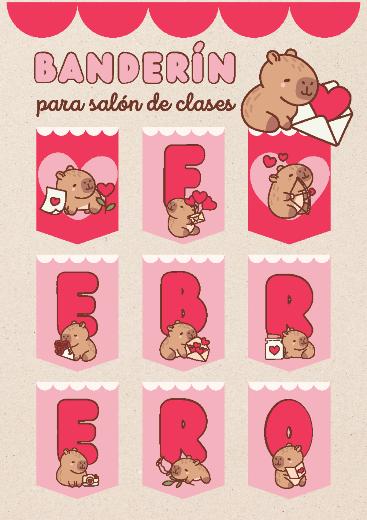 Banderín para salón de clases febrero san valentín ilustrado capibara ...