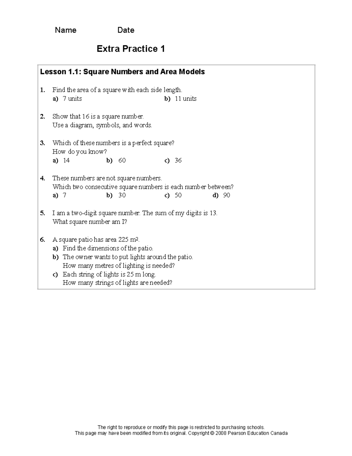 Chapter 1 Extra Practice: Square Numbers, Roots & Pythagorean Theorem ...