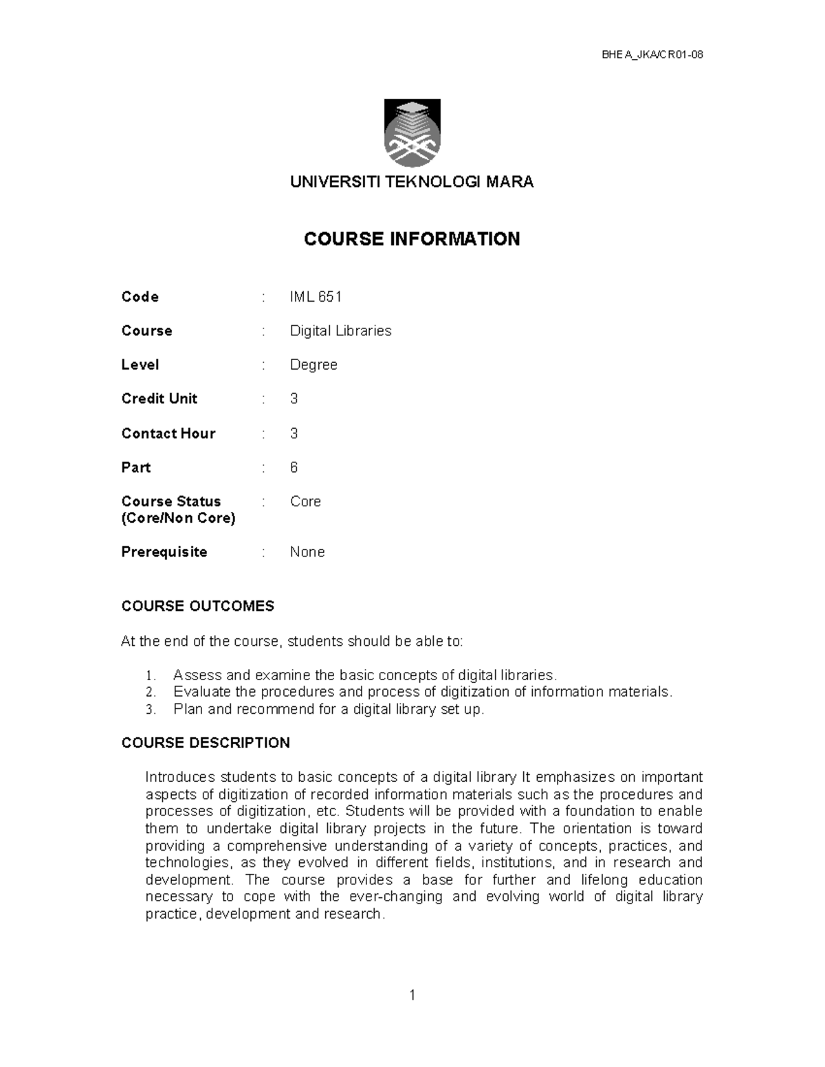 IML651-Course Info Plan (2018 ) - UNIVERSITI TEKNOLOGI MARA COURSE ...