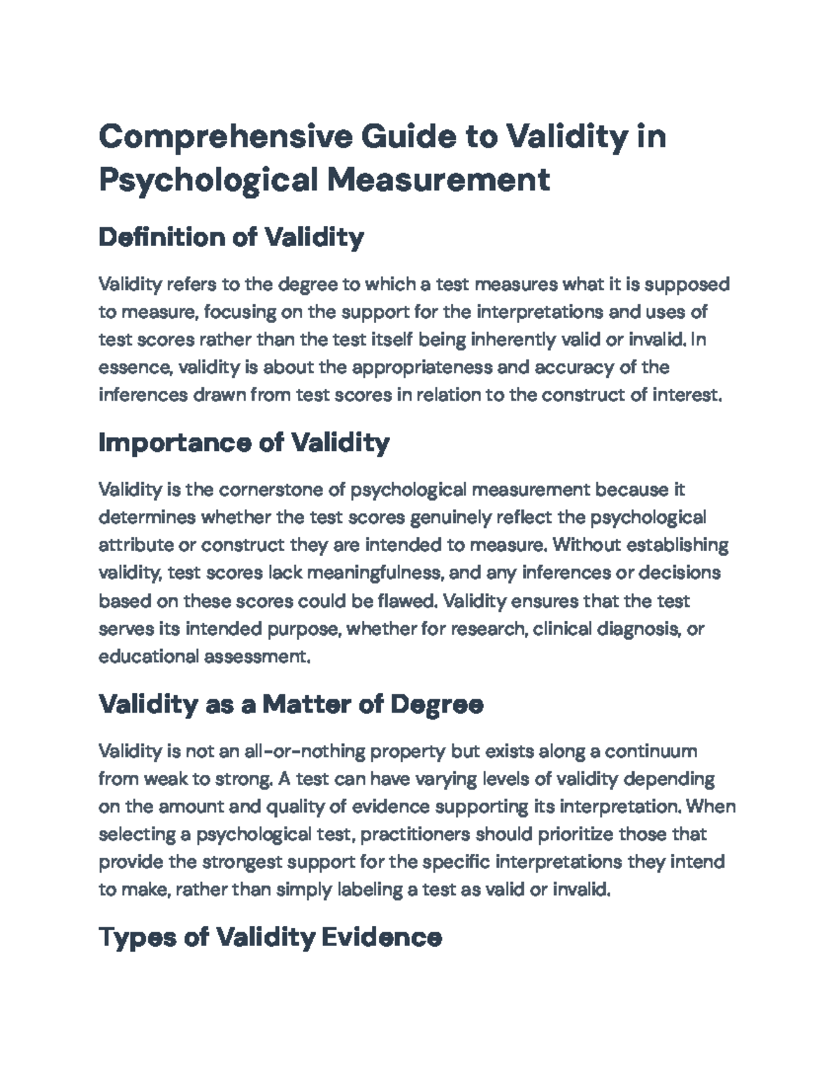 Comprehensive Overview of Validity in Psychological Measurement (PSY ...