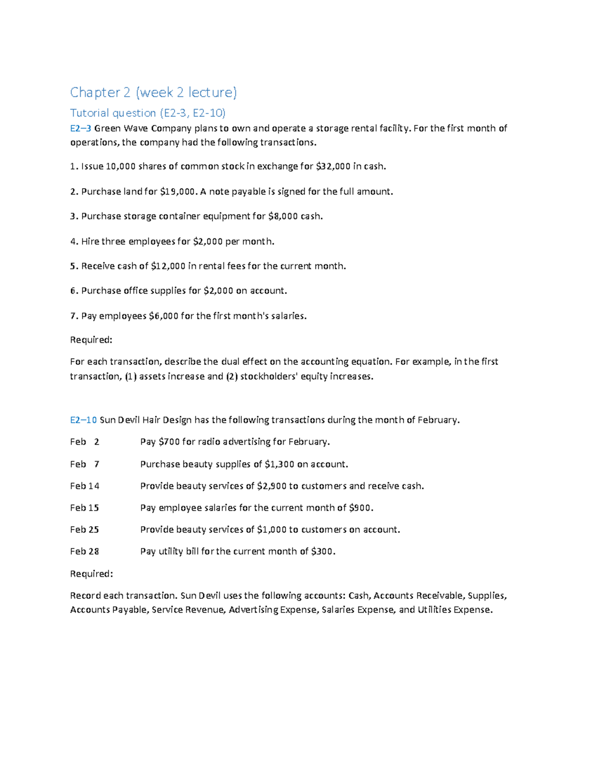 CB2100 Week 2 topic tutorial question - Chapter 2 (week 2 lecture) Tutorial question (E2-3, E2 ...