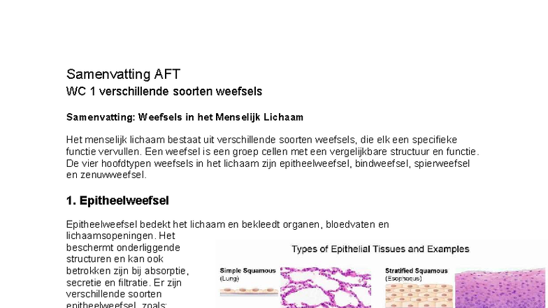 Samenvatting AFT - Weefsels en Spijsverteringsstelsel in het Menselijk ...