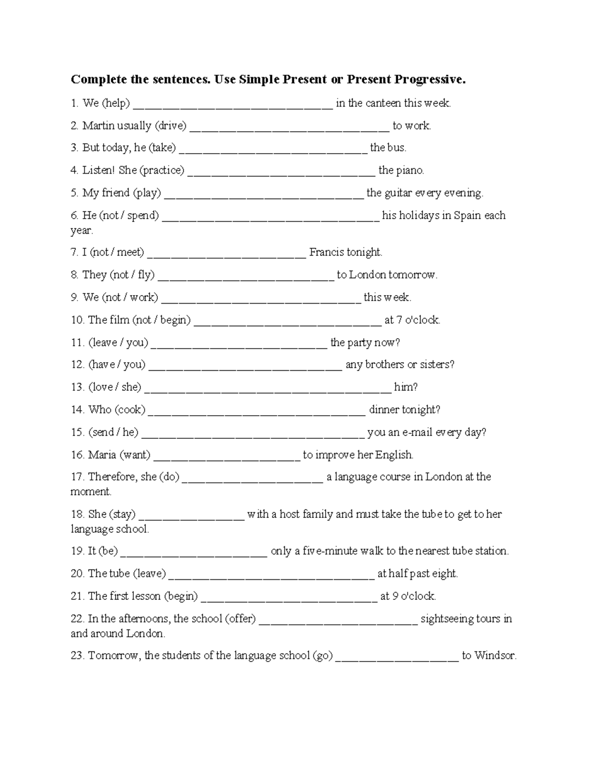 Complete the Sentences: Simple Present & Present Progressive Exercises ...