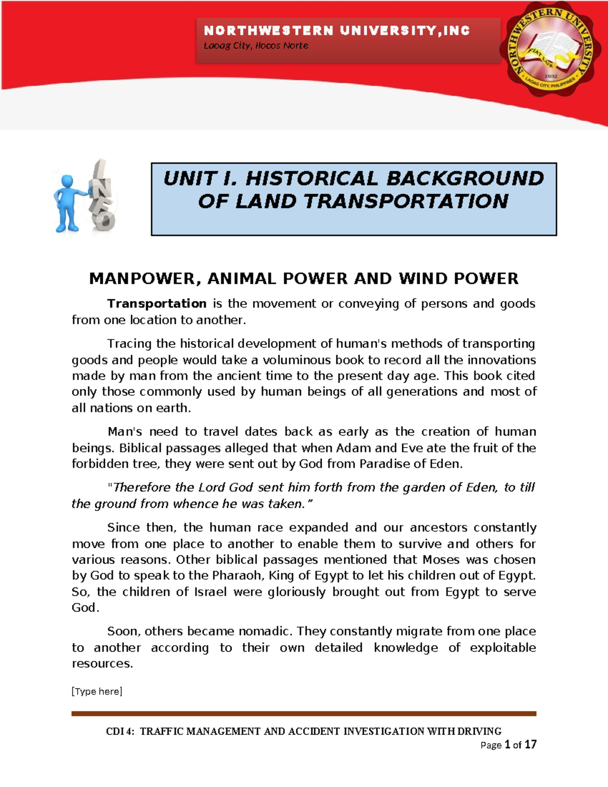 CDI 4: Module 1 - History of Transportation and Its Evolution - Studocu