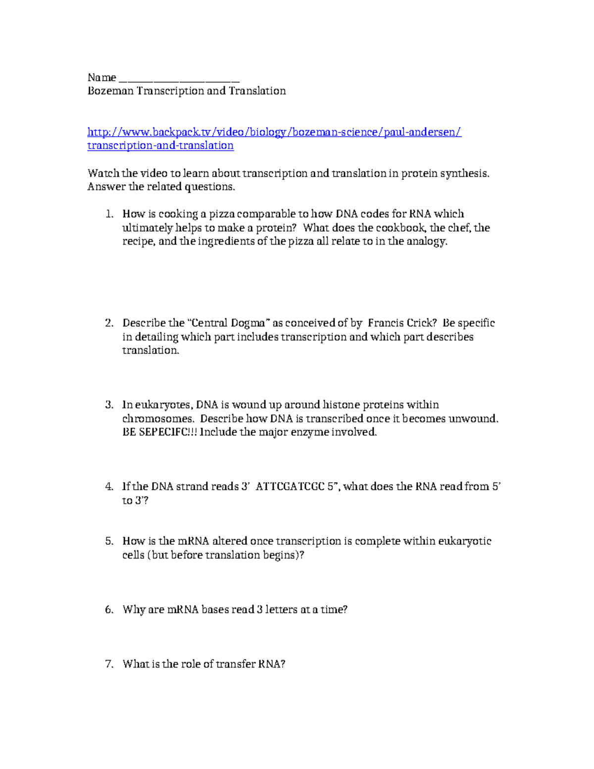 Bozeman Bio 101: Transcription and Translation Overview & Questions ...
