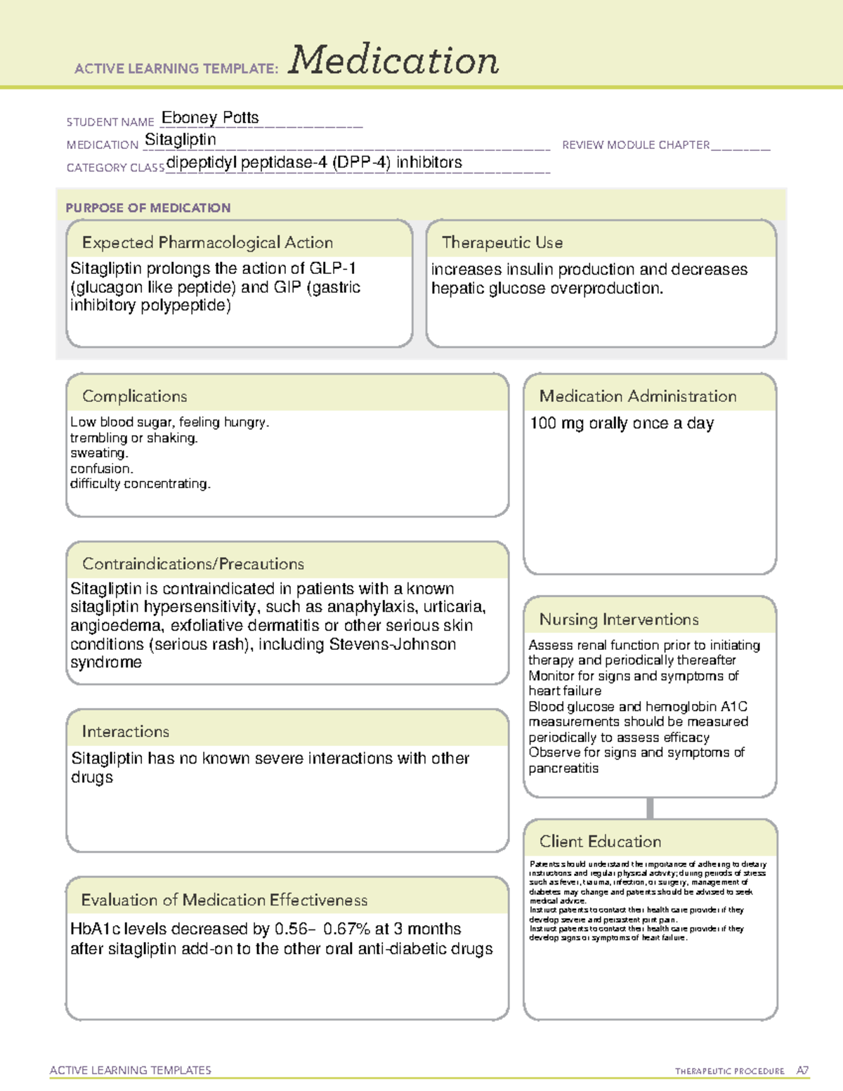 Sitagliptin Drug Card: Active Learning Template Overview - Studocu