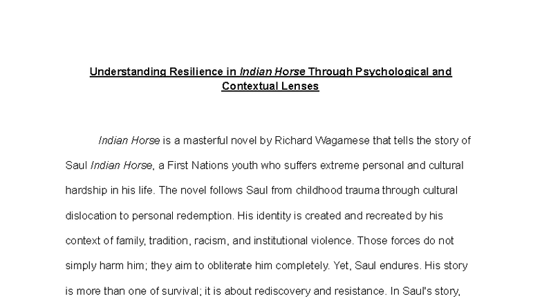 Final Essay: Resilience in Richard Wagamese's Indian Horse - Studocu