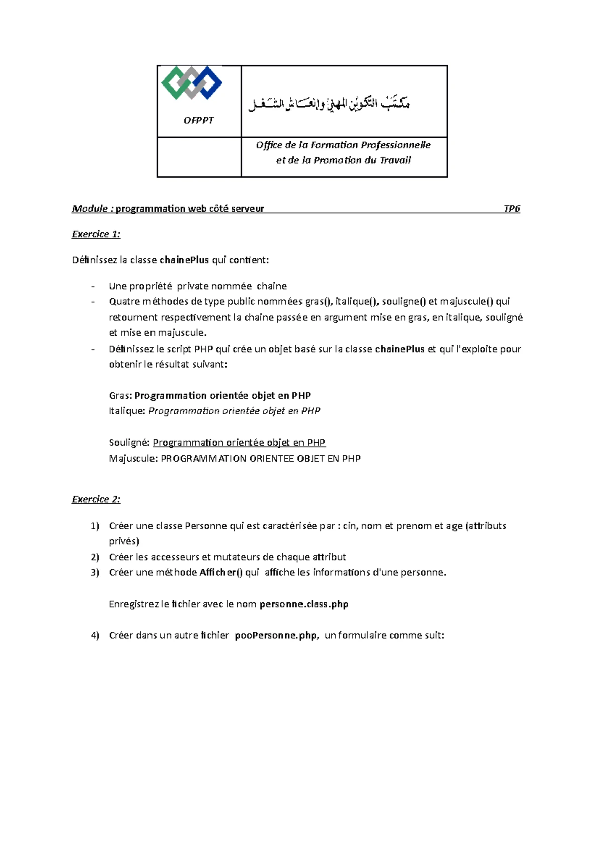 TP 3 PHP - Des exercices pour faire entrainer - Module : programmation web côté serveur TP ...
