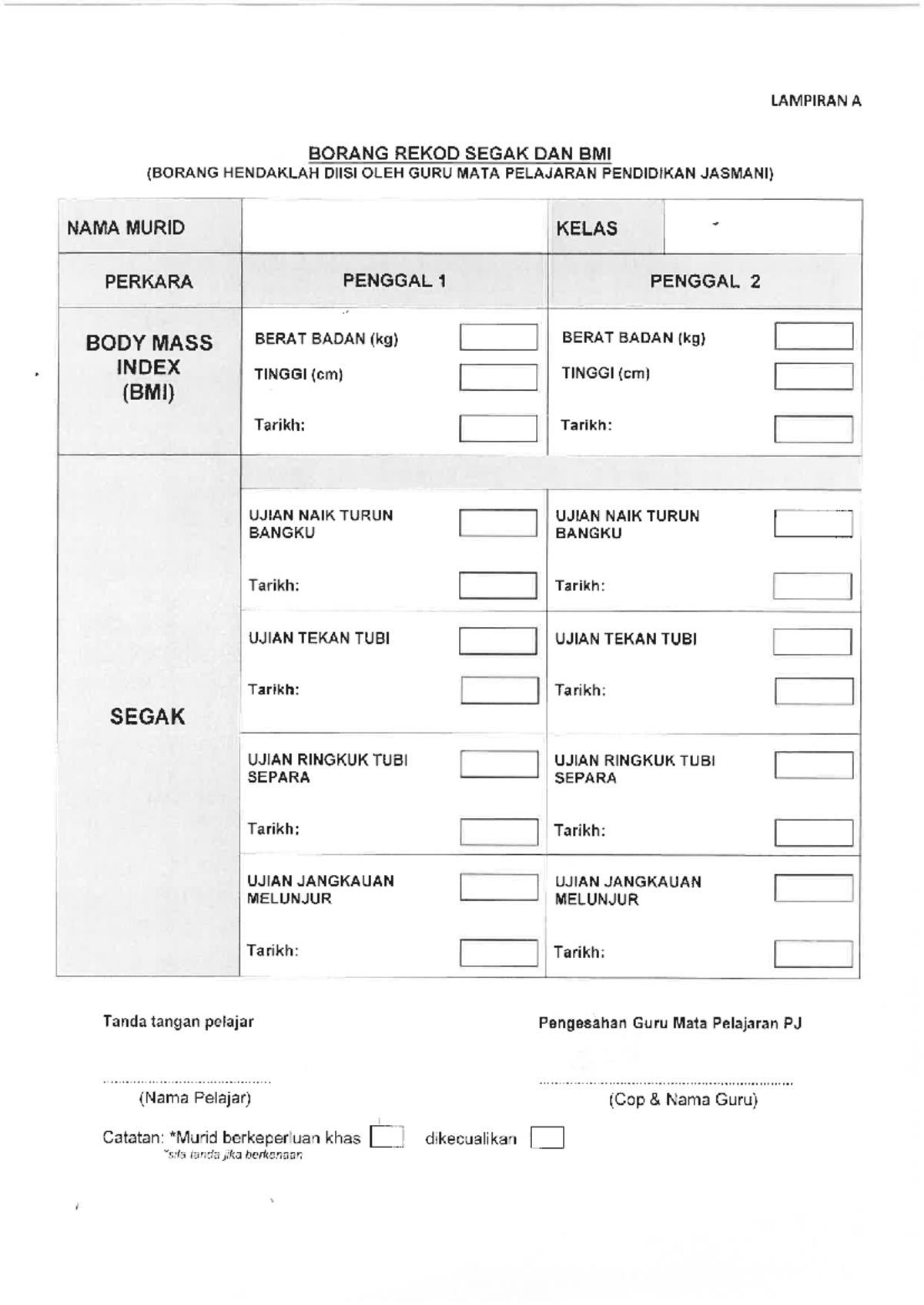 Borang Rekod Segak dan BMI untuk Pendidikan Jasmani (PJ) - Studocu