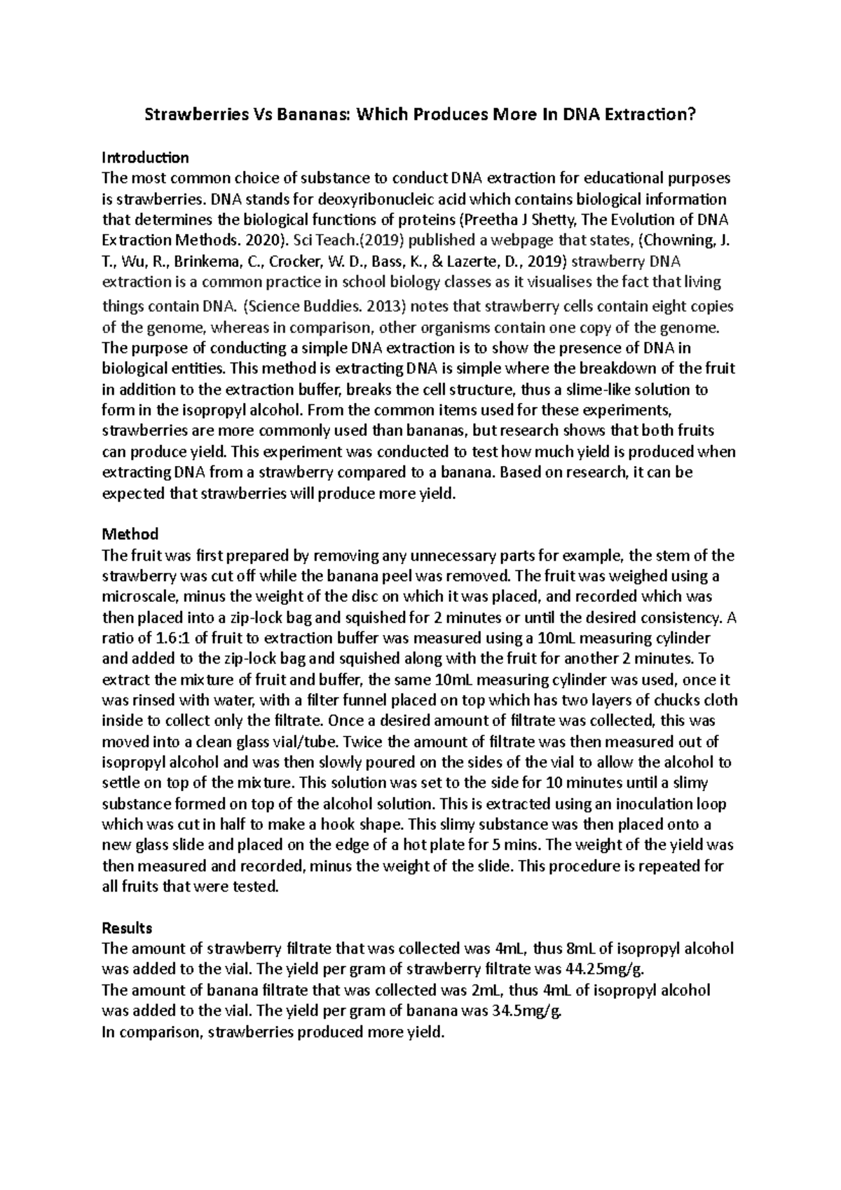 DNA Extraction Lab Report: Yield Comparison of Strawberries vs. Bananas ...