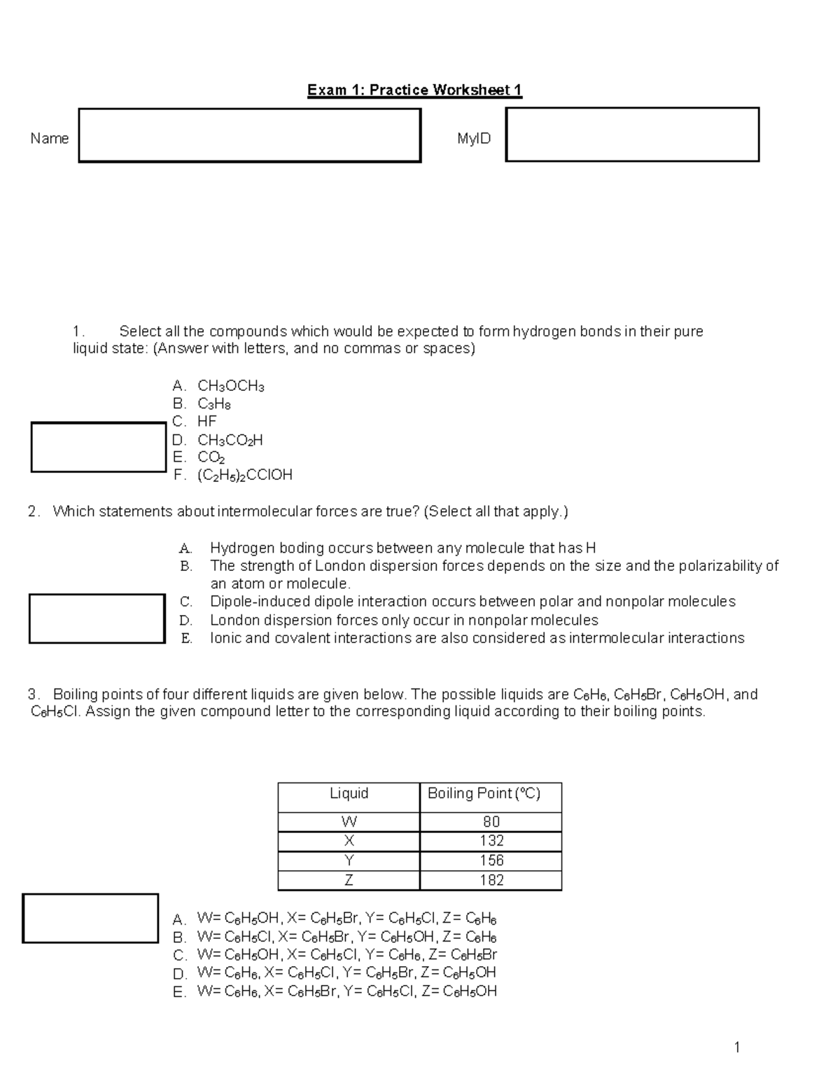Exam 1: Practice Worksheet on Intermolecular Forces and Properties ...