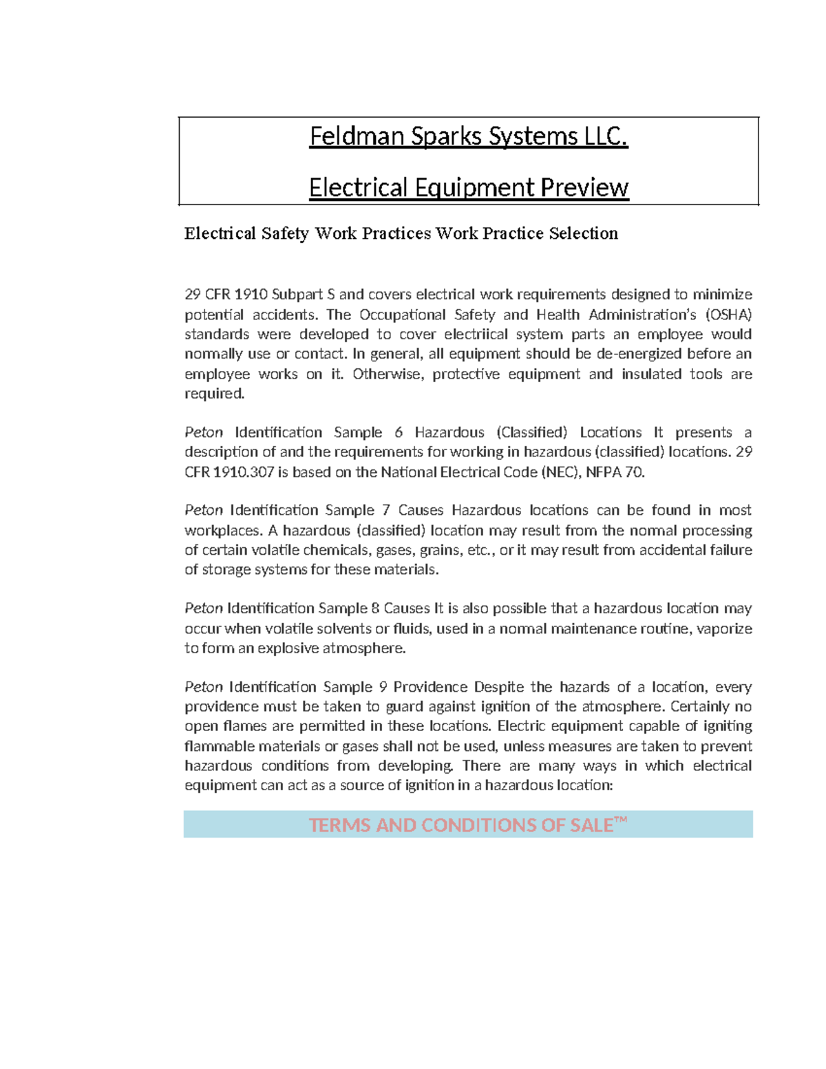 Feldman Sparks Systems LLC: Electrical Safety Work Practices Overview - Studocu