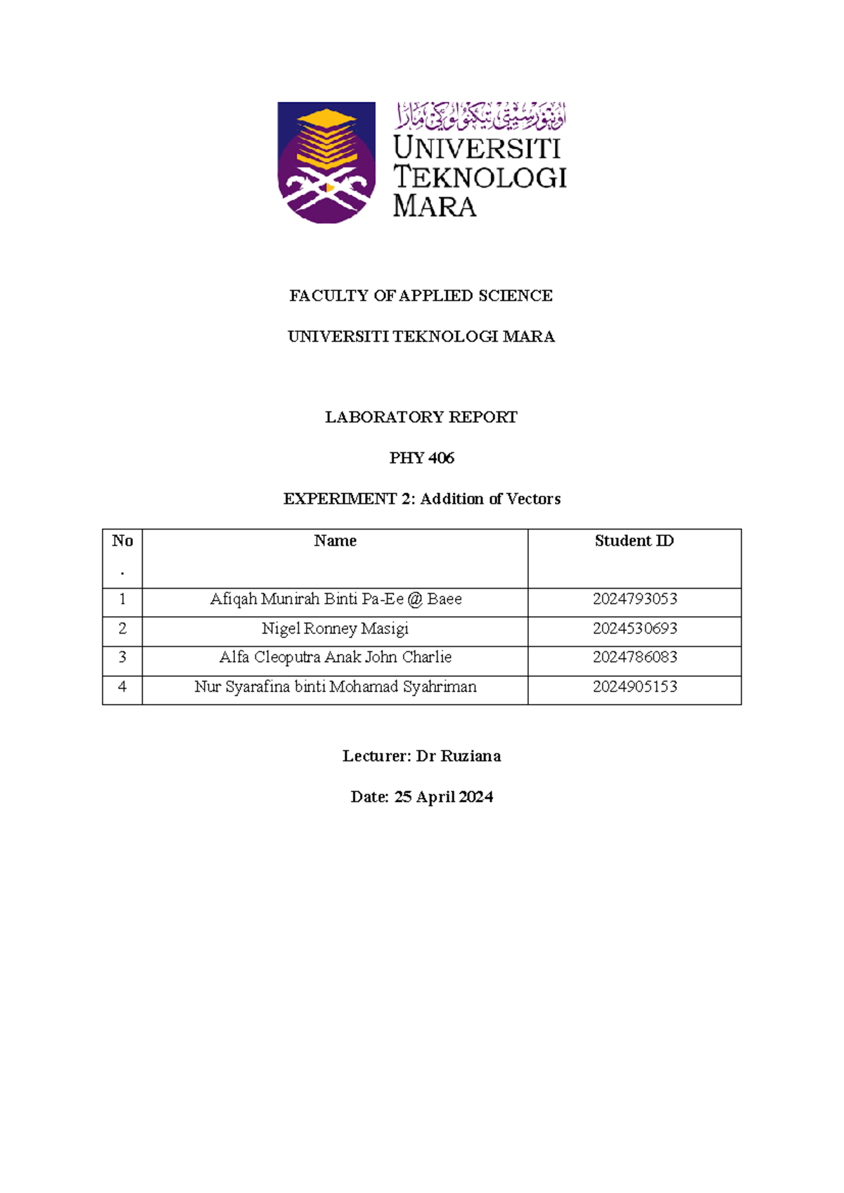 PHY406 Lab 2 - Vector Addition Experiment Report by Group 4 - Studocu