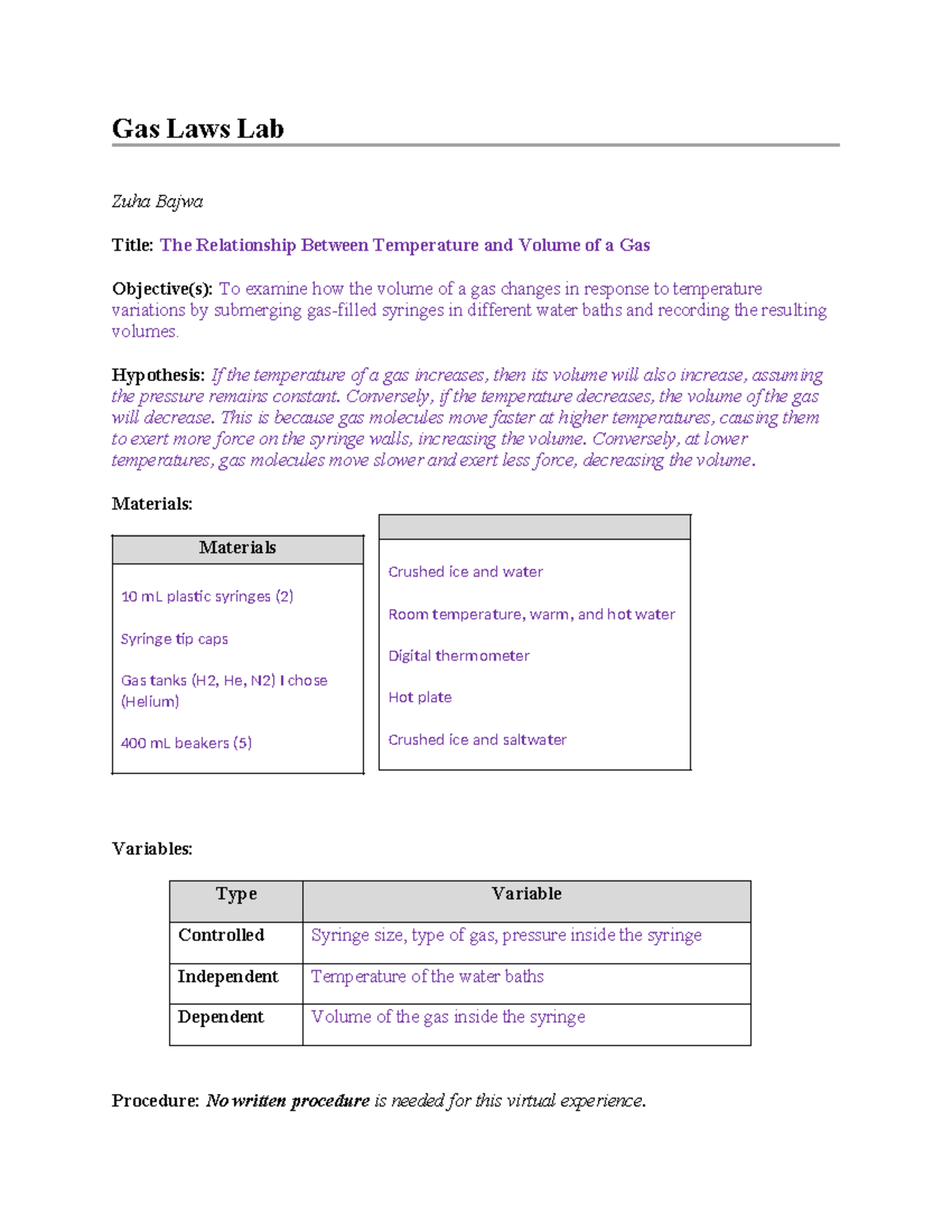 Gas Laws Lab 6.05: Examining Temperature-Volume Relationship in Gases ...