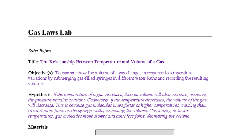 Gas Laws Lab 6.05: Examining Temperature-Volume Relationship in Gases ...