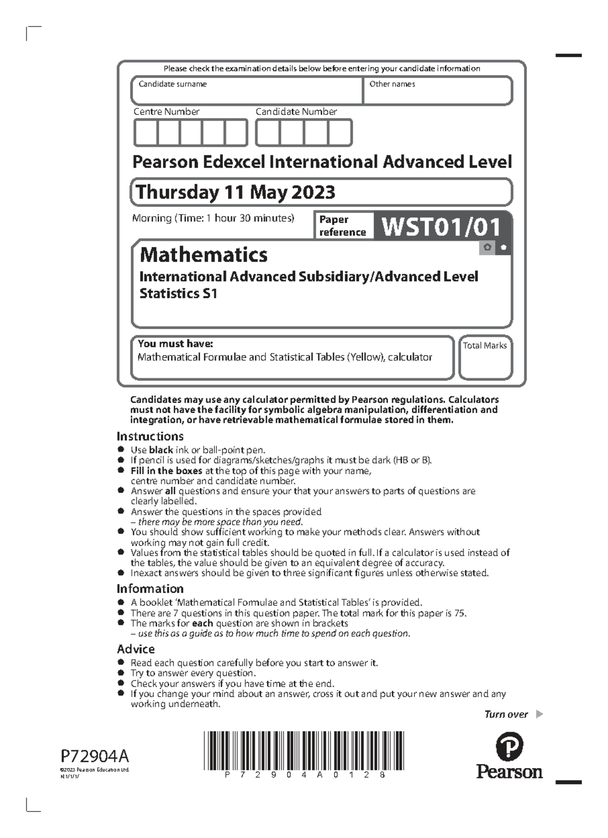 Mathematics IAL Statistics S1 Exam Paper - May 2023 - Studocu