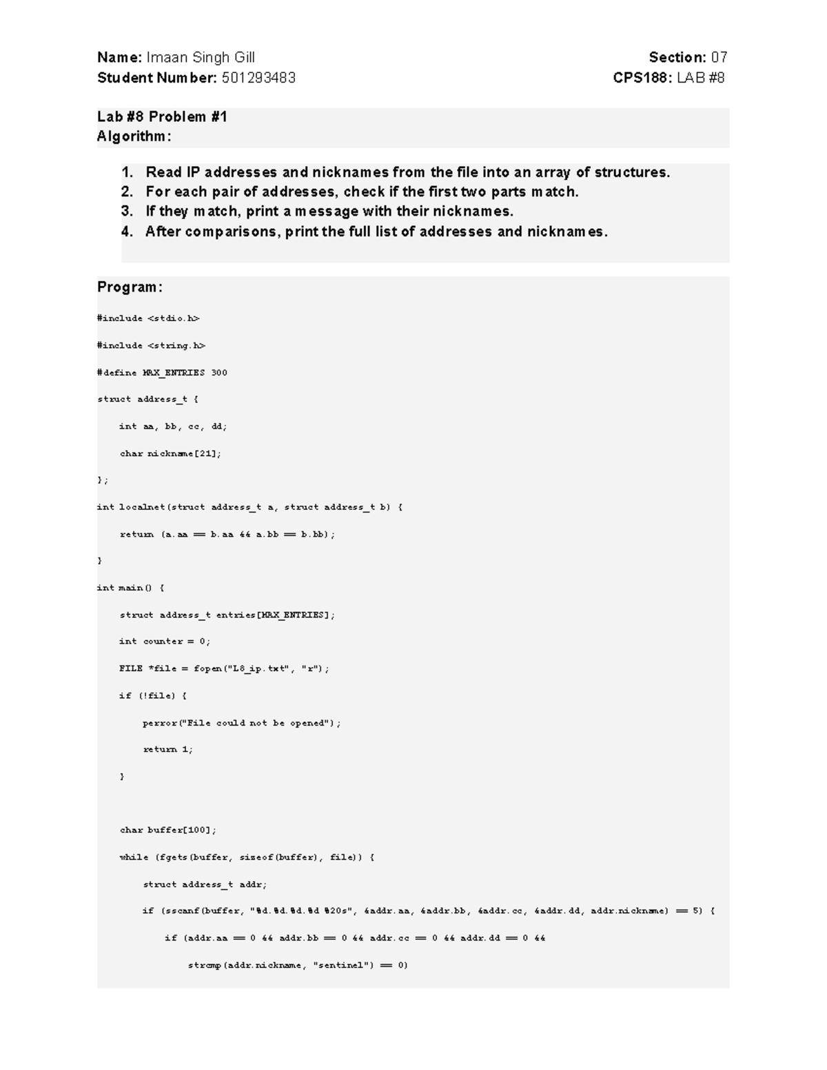 CPS188 - LAB8 Final - W3R3WRW - Student Number: 501293483 CPS188: LAB Lab #8 Problem Algorithm ...