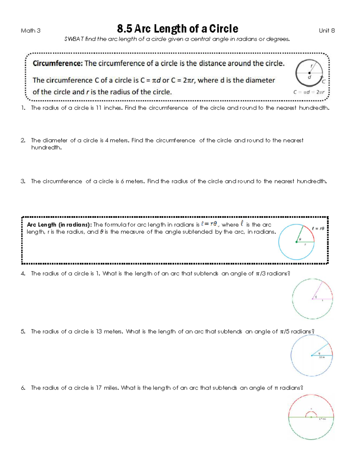 Math 3: Unit 8 - Arc Length of a Circle & Circumference Calculations - Studocu