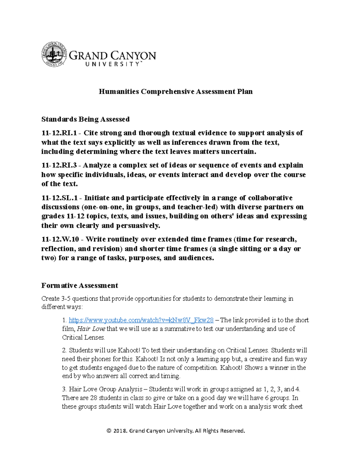 SEC-516 Benchmark Formative Assessment Plan for "Hair Love" - Studocu