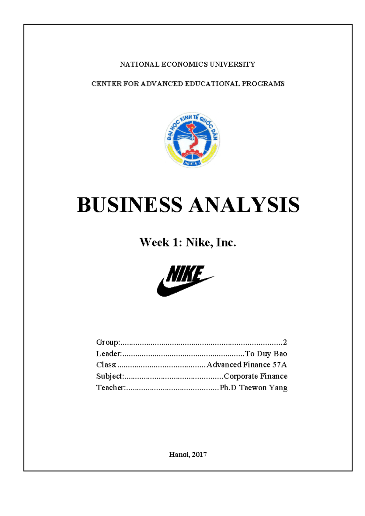[Group 2] Business Analysis week 1 - NIKE - NATIONAL ECONOMICS ...