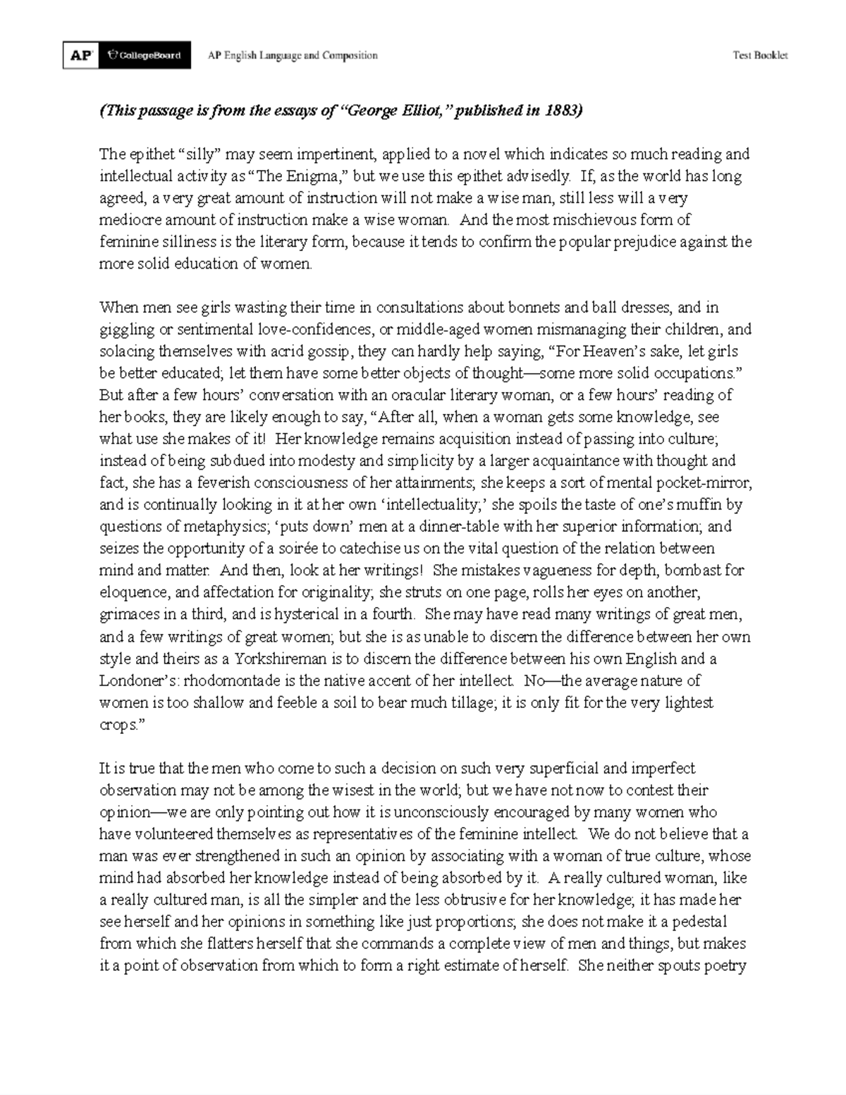 AP English Language & Composition 6.1 – MCQ (Analysis of "George Eliot ...