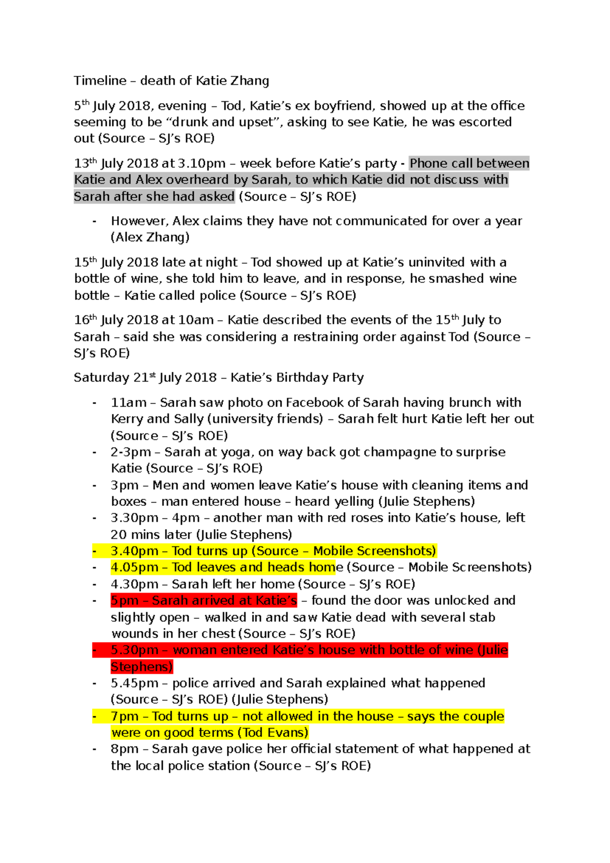 Pro Bono - Timeline of Events Surrounding Katie Zhang's Death - Studocu