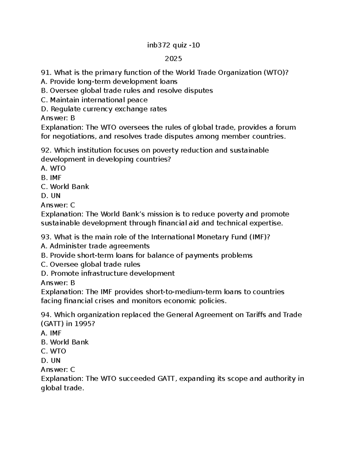 INB372 Quiz - World Trade Organization & Global Finance Concepts - Studocu