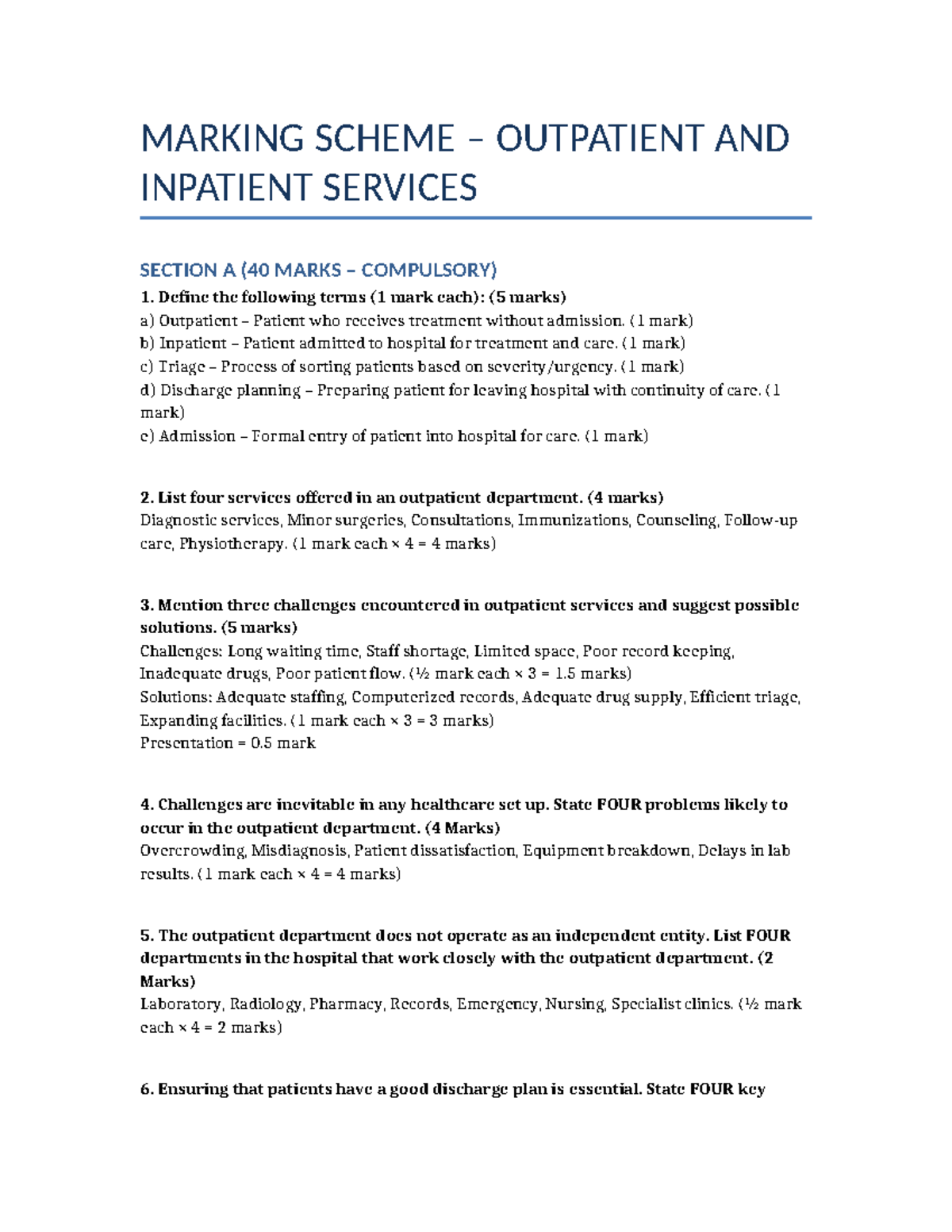 Outpatient & Inpatient Services Marking Scheme (40 Marks) - Studocu