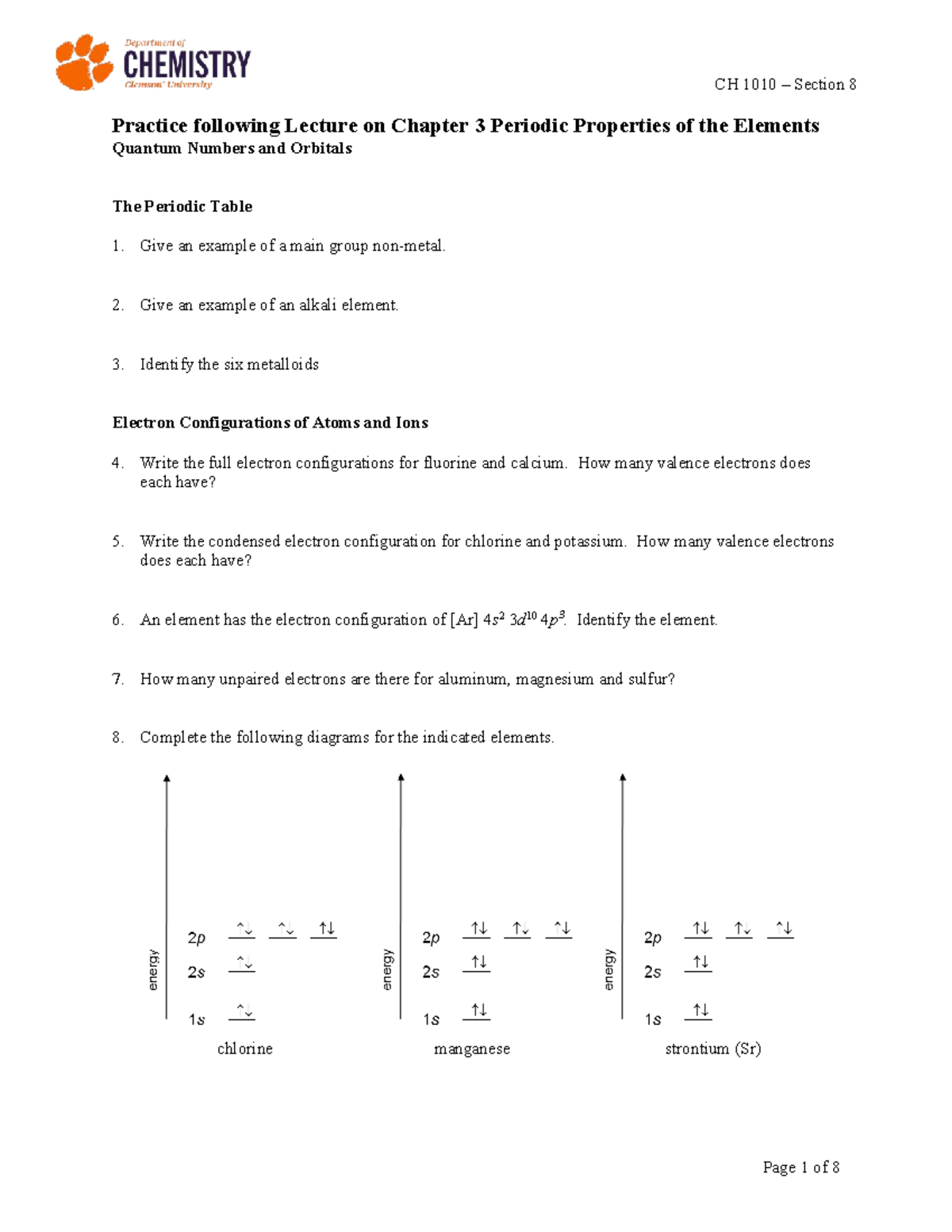 CH 1010 Section 8 Practice for Lectures on Chapter 3: Periodic ...