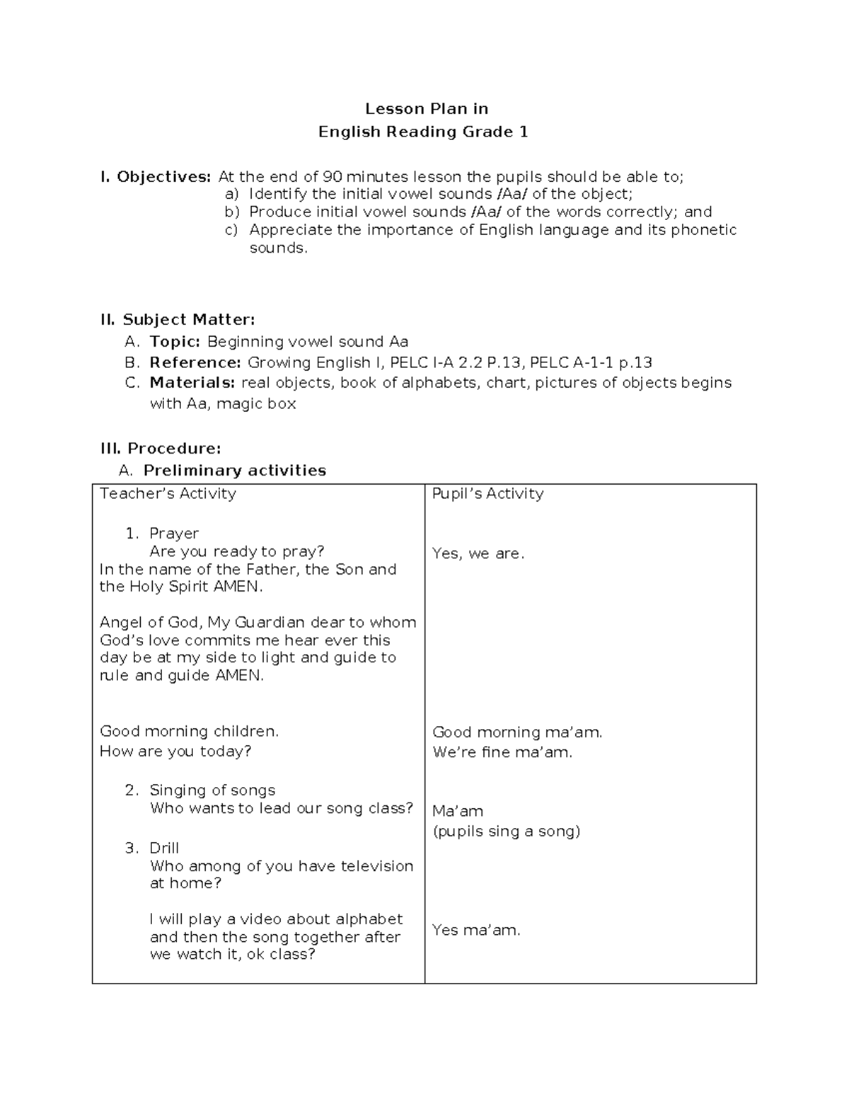 Lesson Plan: Beginning Vowel Sounds (Grade 1, Eng 1) - Studocu