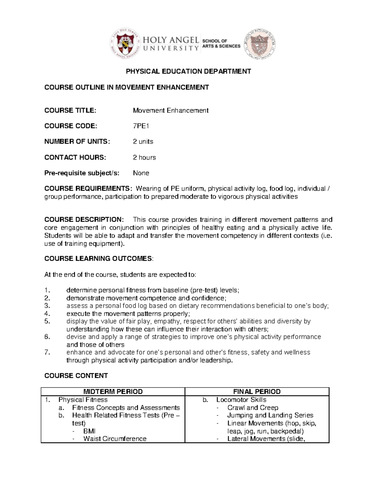 Movement Enhancement 101 (7PE) Course Outline and Requirements - Studocu