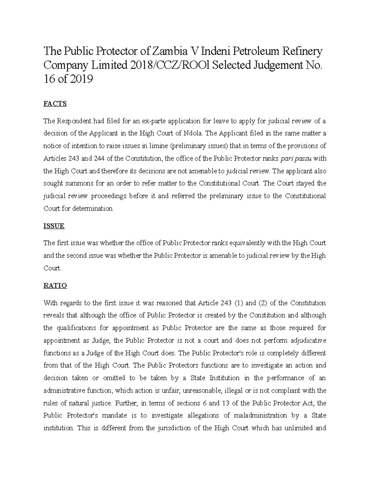Zambia Public Protector v Indeni Petroleum & Related Case Summaries ...