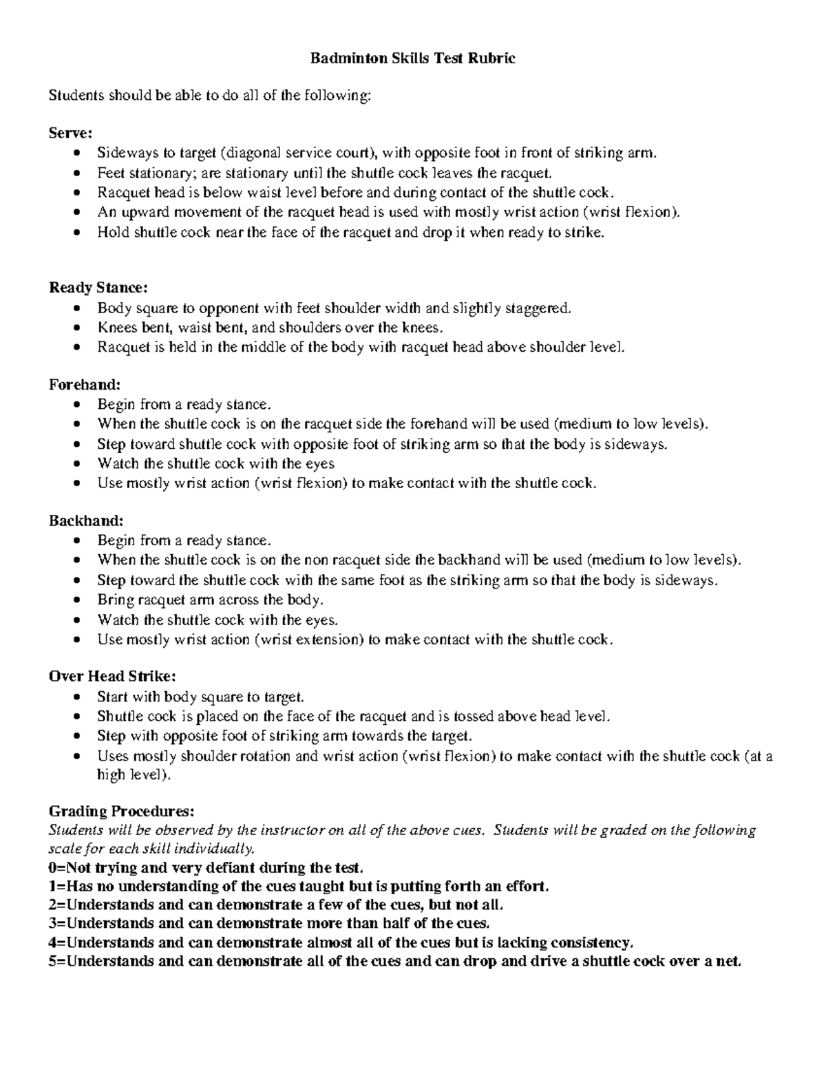 Badminton Skills Test Rubric: Evaluation Criteria and Techniques - Studocu